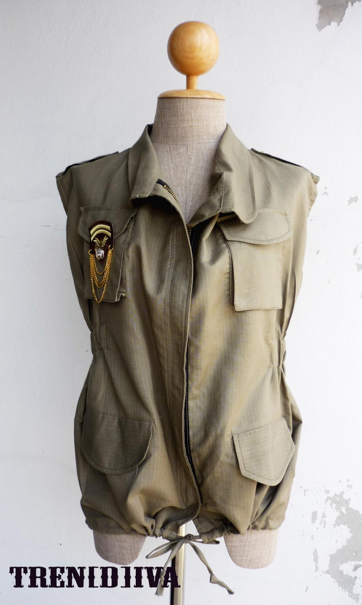 Military Sleeveless Jacket Unisex Free Size Green Khaki On Luulla